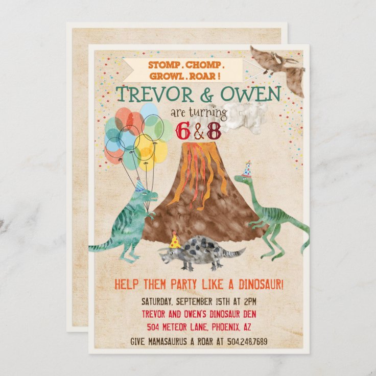 Joint Dual Dinosaur Volcano Birthday Invitation | Zazzle