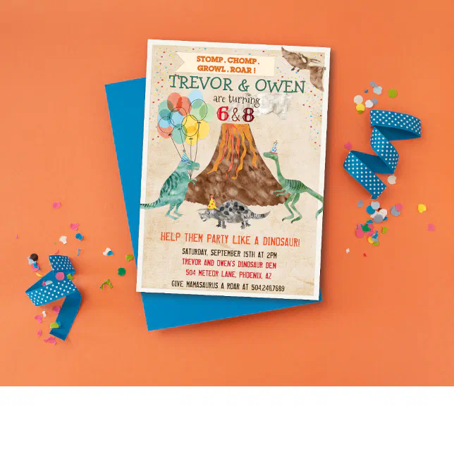 Joint Dual Dinosaur Volcano Birthday Invitation | Zazzle