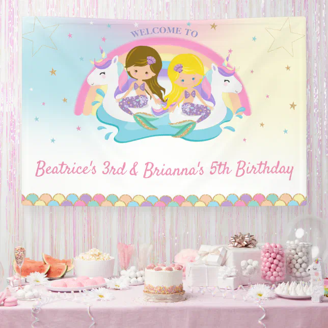 Joint Mermaids and Unicorn Pool Birthday Welcome Banner | Zazzle