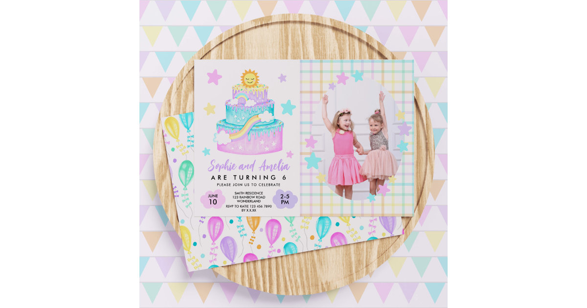 Joint Sisters Rainbow Birthday Party Photo Invitation | Zazzle