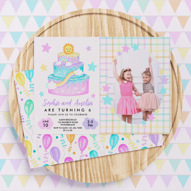 Joint Sisters Rainbow Birthday Party Photo Invitation | Zazzle