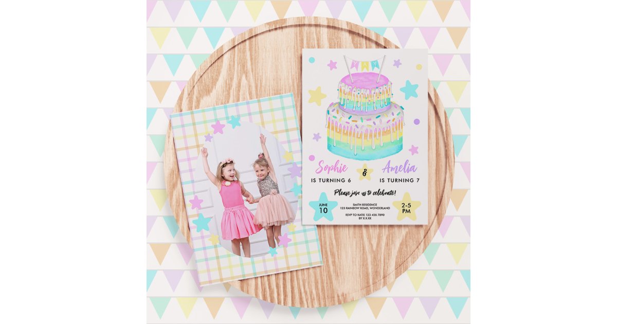 Joint Sisters Rainbow Birthday Party Photo Invitation | Zazzle