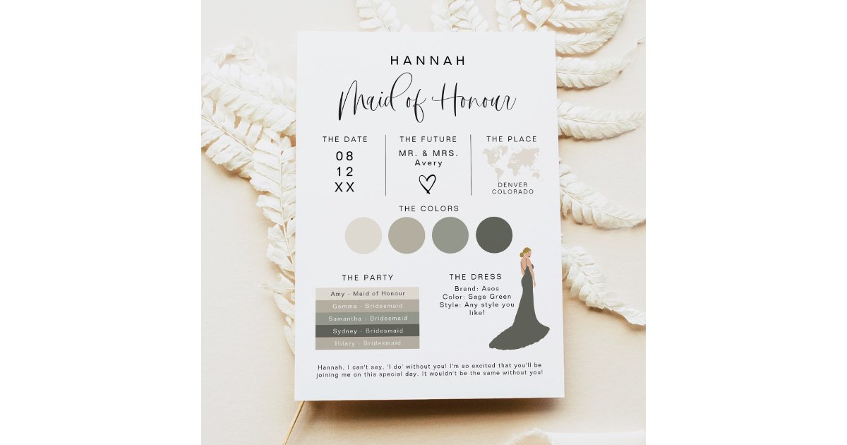 JOLIE Modern EDITABLE Maid of Honour Info Card | Zazzle