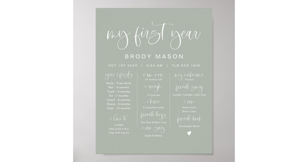 JOLIE Sage Green Boho Boy First Birthday Milestone Poster | Zazzle
