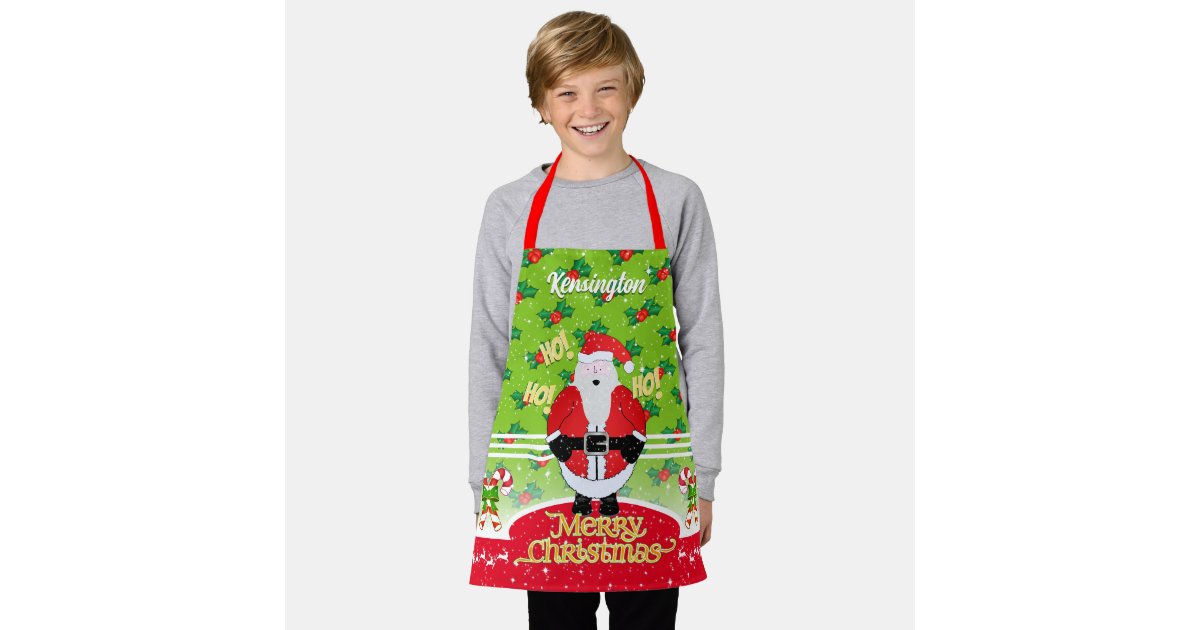 Jolly Fat Santa with Candy Cane and Holly on Green Apron | Zazzle