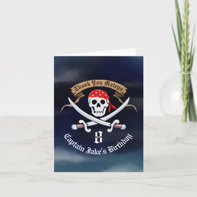 Jolly Roger Pirate Birthday Party Photo Thank You Card | Zazzle