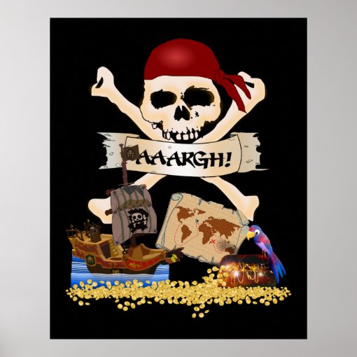 Jolly Roger, Pirate Ship & Pirate's Chest Poster | Zazzle