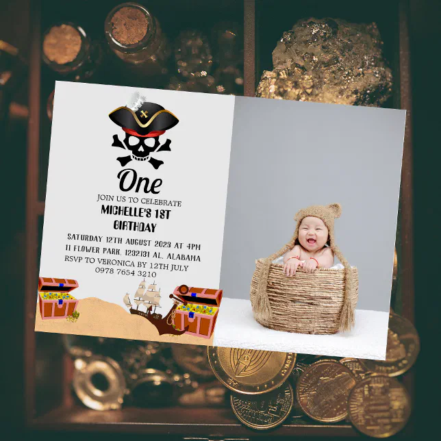 Jolly Roger Pirate | Simple First Birthday photo Invitation | Zazzle