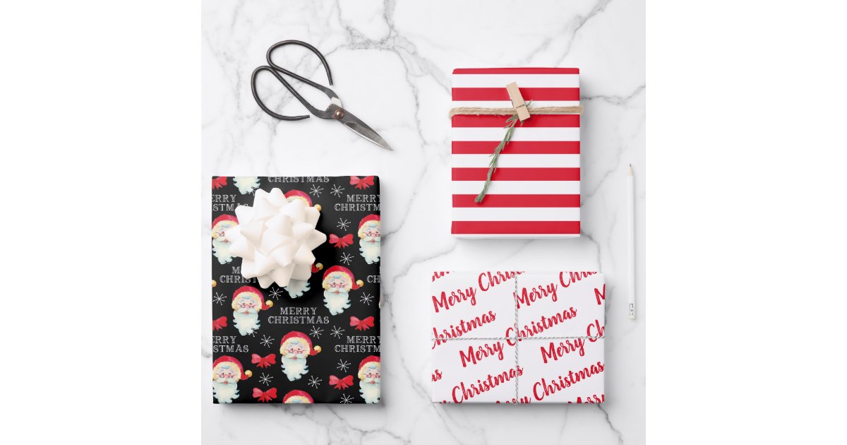 Jolly Santa Claus and Bows Red and Black Christmas Wrapping Paper ...