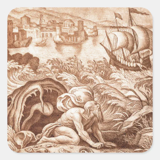 Jonah and the Whale, illustration from a Bible, en Square Sticker | Zazzle