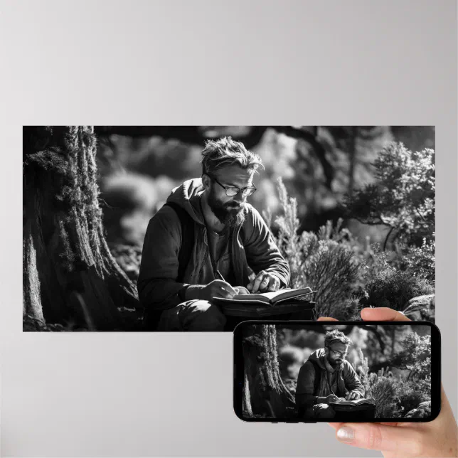 Journaling alone in the woods B&W photo Poster | Zazzle
