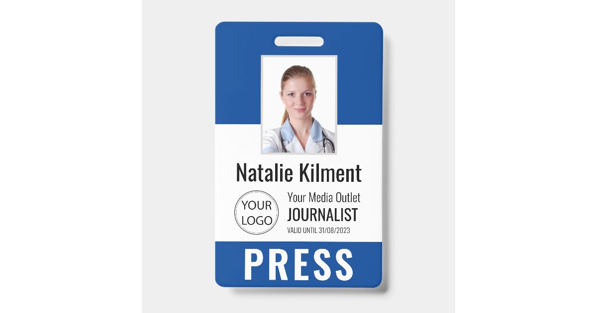 Journalist Press Pass Photo Name Logo ID Blue Badge | Zazzle