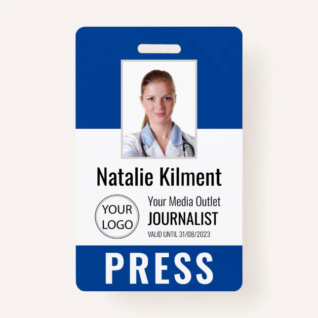 Journalist Press Pass Photo Name Logo ID Blue Badge | Zazzle