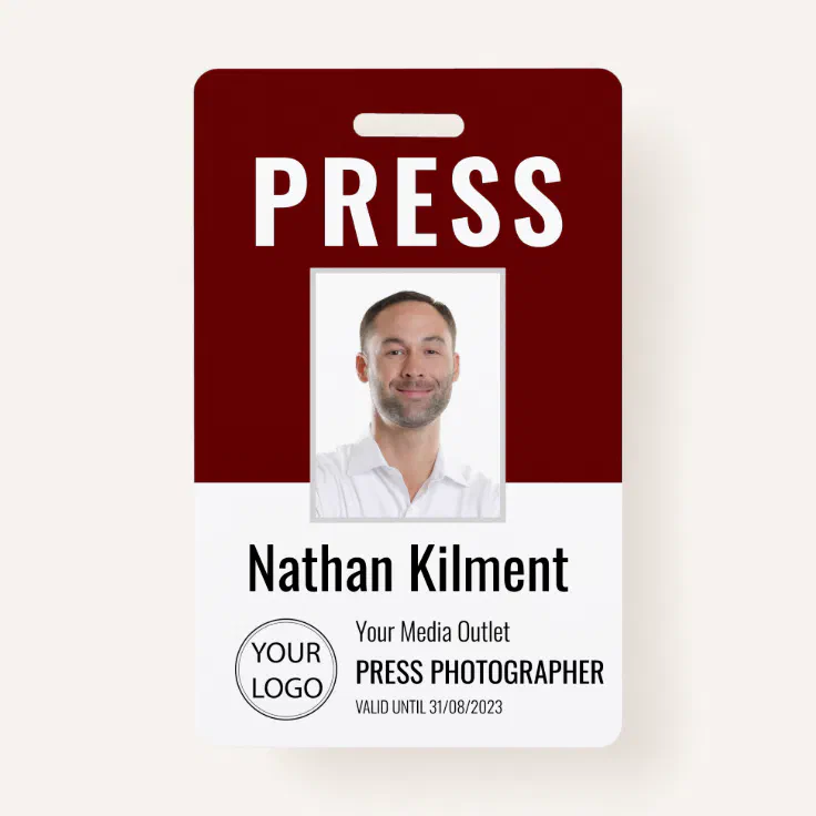 Journalist Press Pass Photo Name Logo ID Dark Red Badge | Zazzle