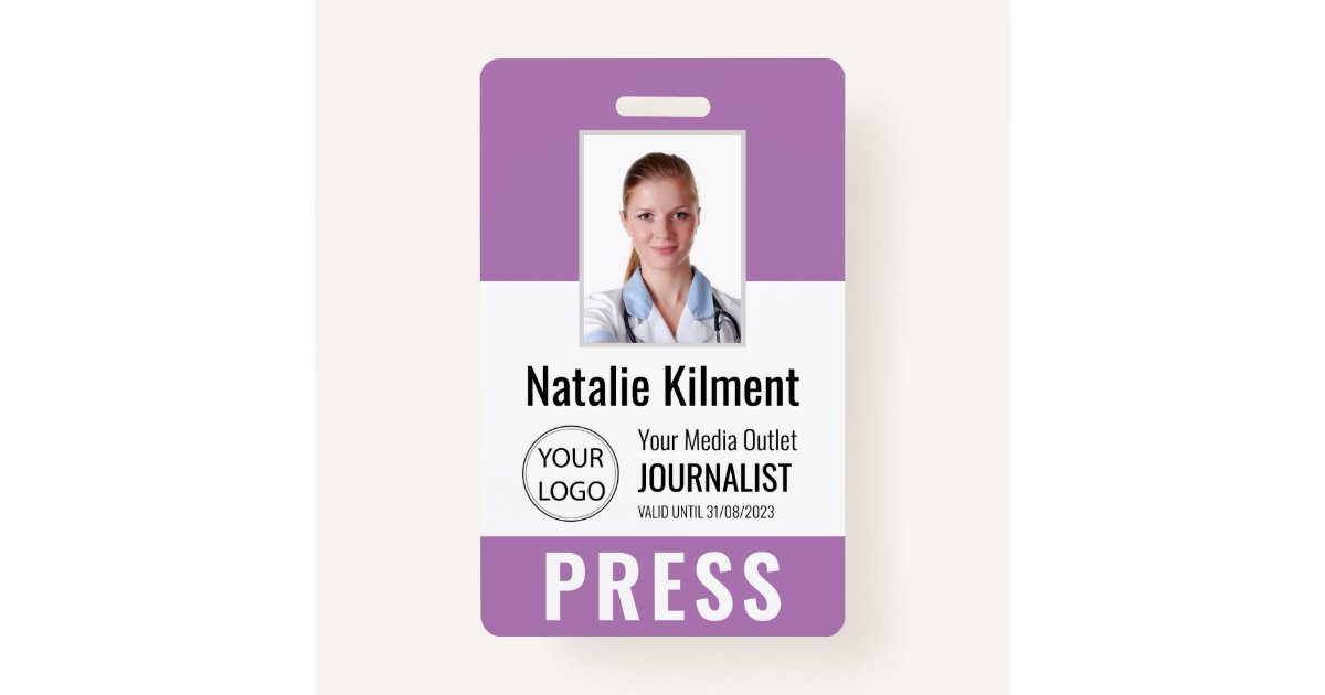 Journalist Press Pass Photo Name Logo ID Lavender Badge | Zazzle