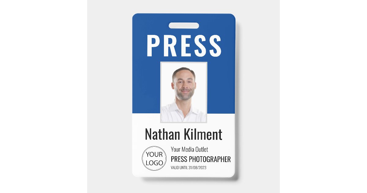 Journalist Press Pass Photo Name Logo ID Navy Blue Badge | Zazzle