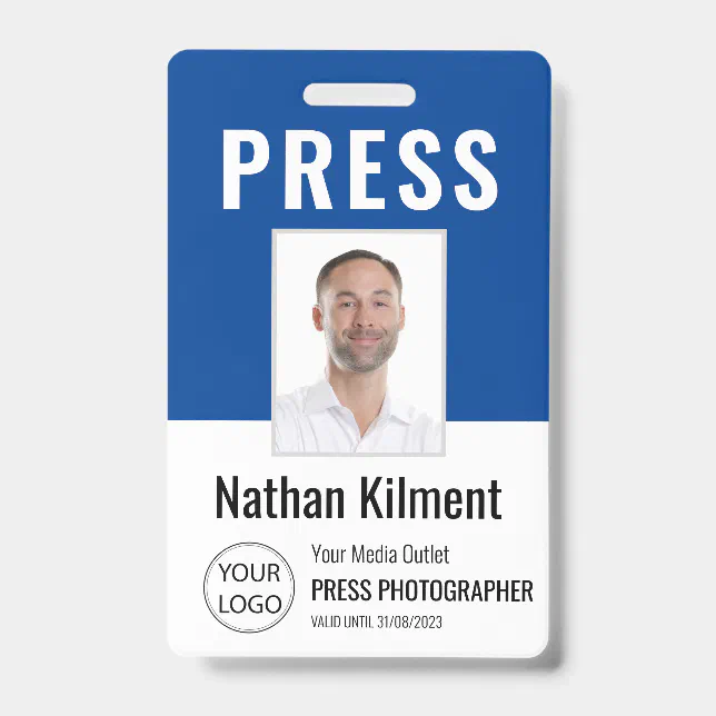 Journalist Press Pass Photo Name Logo ID Navy Blue Badge | Zazzle