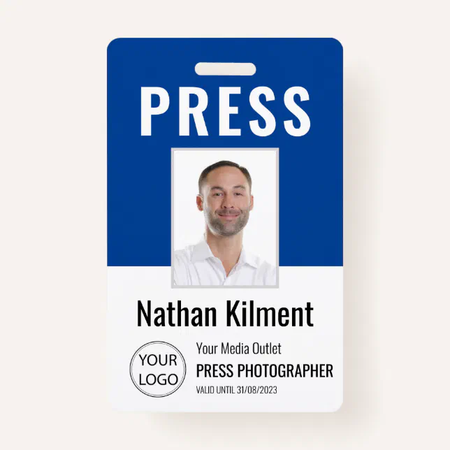 Journalist Press Pass Photo Name Logo ID Navy Blue Badge | Zazzle
