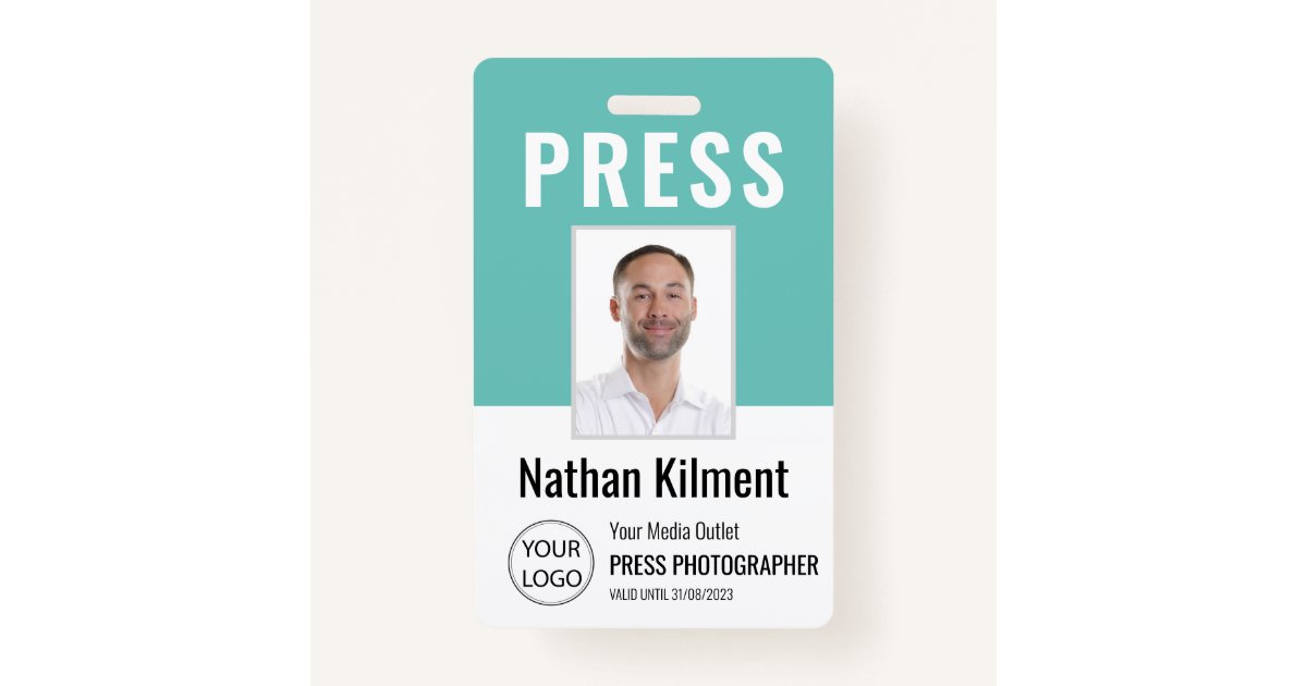 Journalist Press Pass Photo Name Logo ID Teal Badge | Zazzle