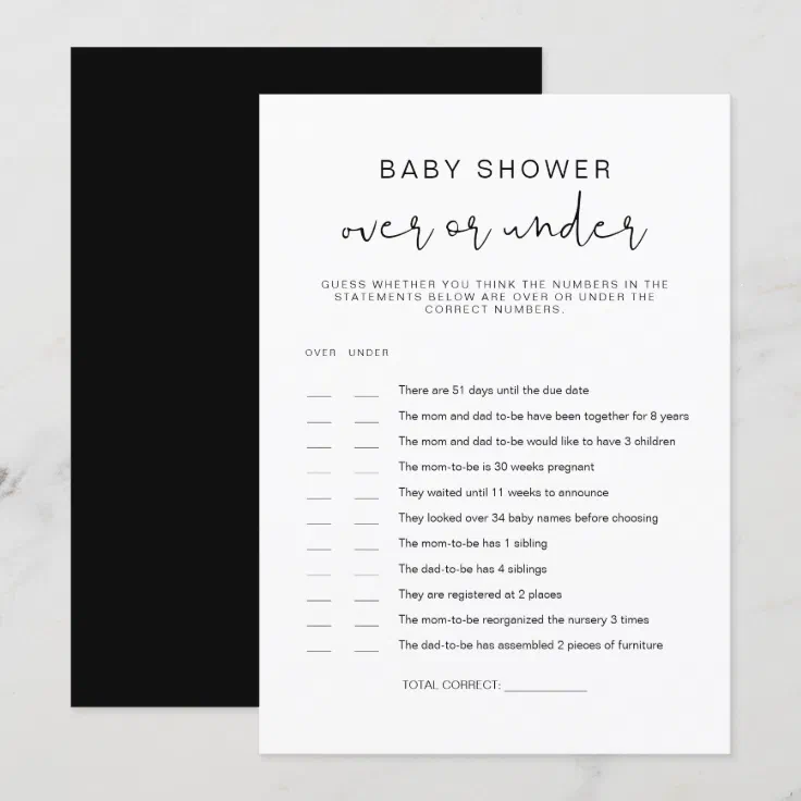 JOVI Black Modern Over Under Baby Shower Game Inv Invitation | Zazzle