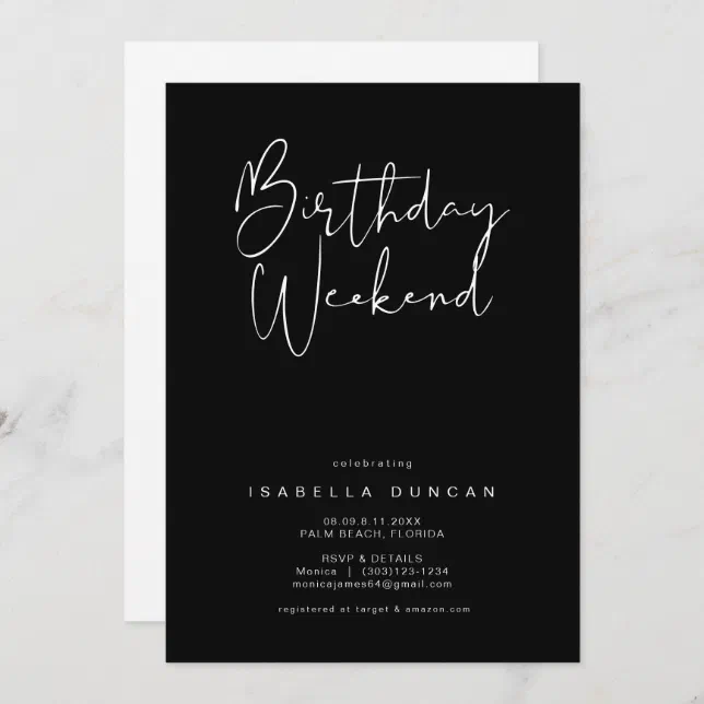 JOVI Edgy Black Modern Birthday Weekend Itinerary Invitation | Zazzle