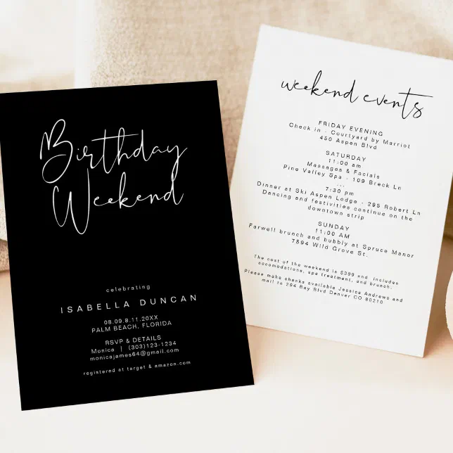 JOVI Edgy Black Modern Birthday Weekend Itinerary Invitation | Zazzle