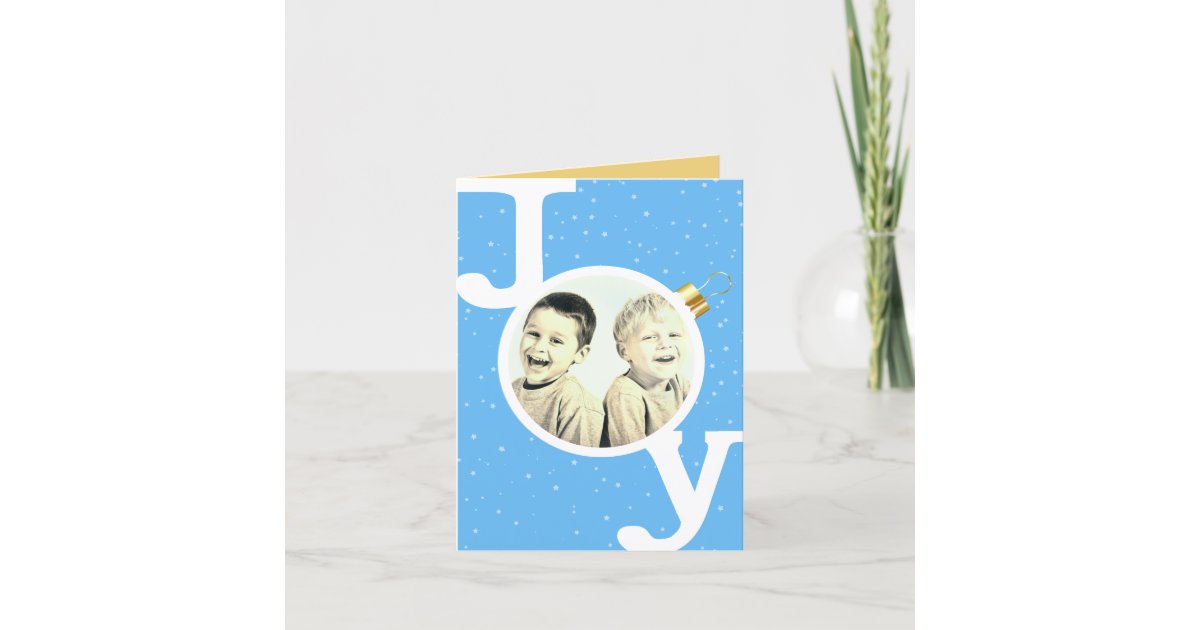 Joy bauble text on sky blue Christmas Holiday Card | Zazzle