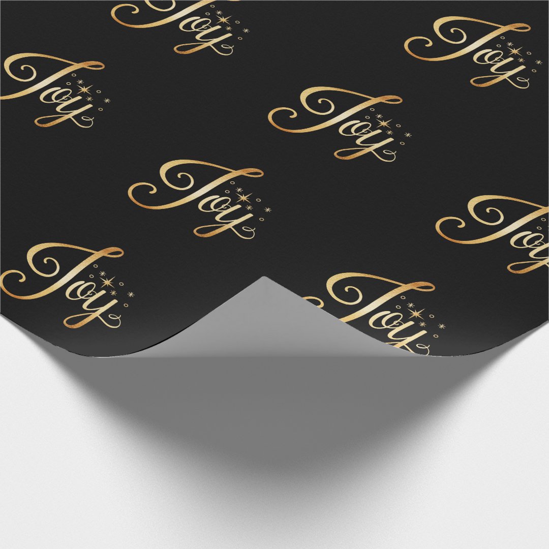 “Joy” Black Gold Script Elegant Holiday Wrapping Paper | Zazzle