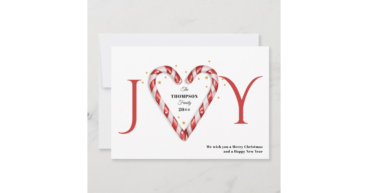 Joy Candy Cane Heart & Stars Minimalist Christmas Holiday Card | Zazzle