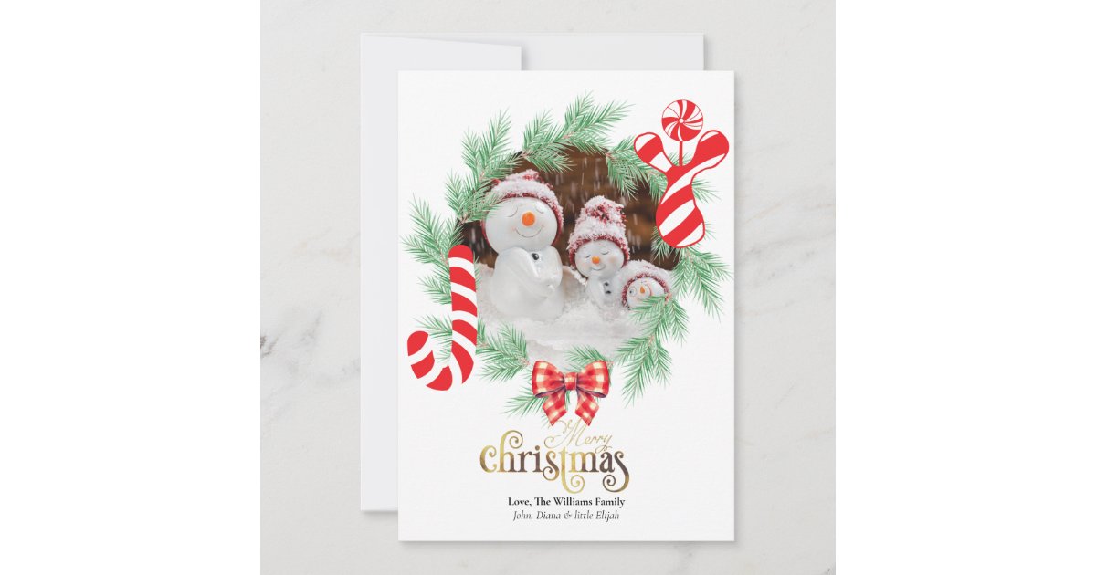 Joy Candy Cane Pine Tree Wreath Photo Christmas Holiday Card | Zazzle