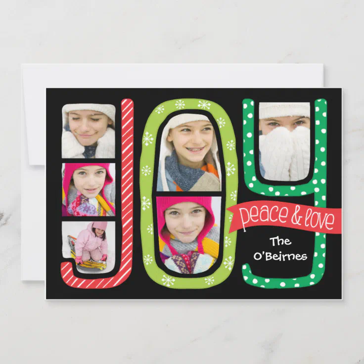JOY Collage Christmas Photo Card Hand Drawn | Zazzle