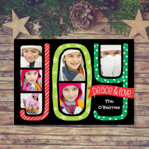 JOY Collage Christmas Photo Card Hand Drawn | Zazzle