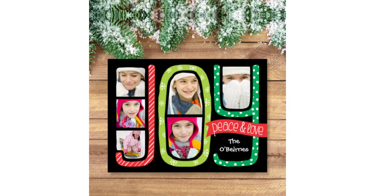 JOY Collage Christmas Photo Card Hand Drawn | Zazzle