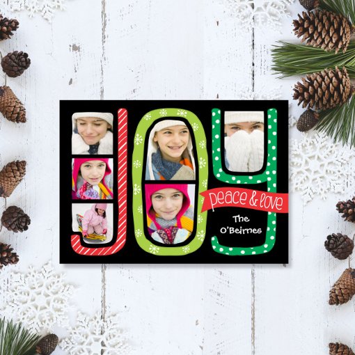 JOY Collage Christmas Photo Card Hand Drawn | Zazzle