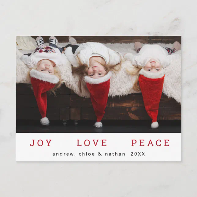 JOY LOVE PEACE Christmas Funny Photo Holiday Postcard | Zazzle