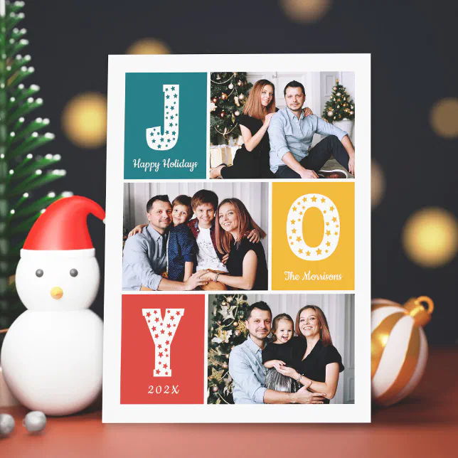 JOY Modern Happy Holidays 3 Photo Collage Holiday Card | Zazzle