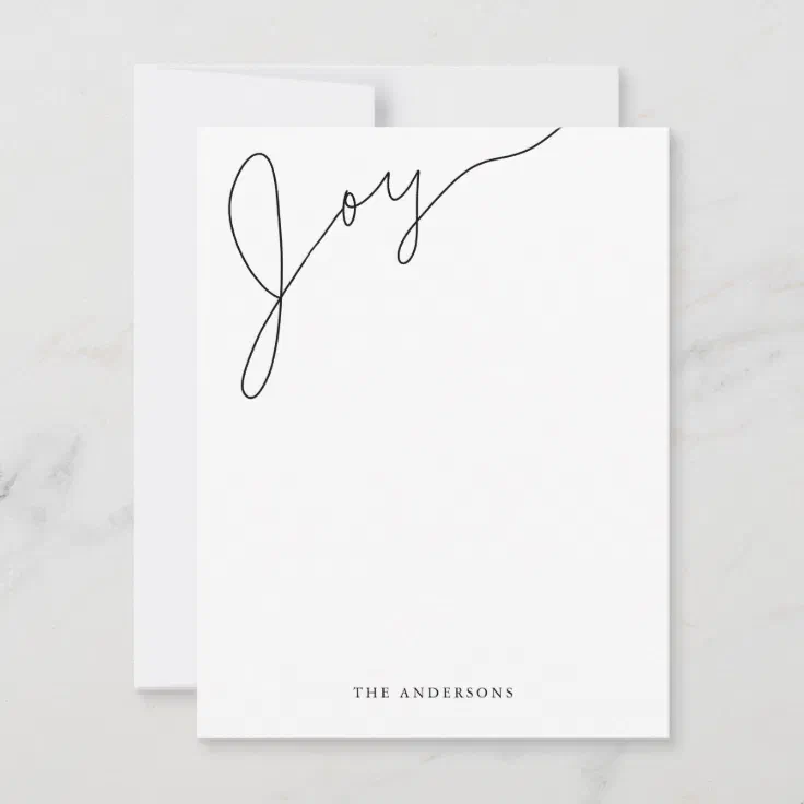 Joy Modern Script Black and White Christmas Note Card | Zazzle