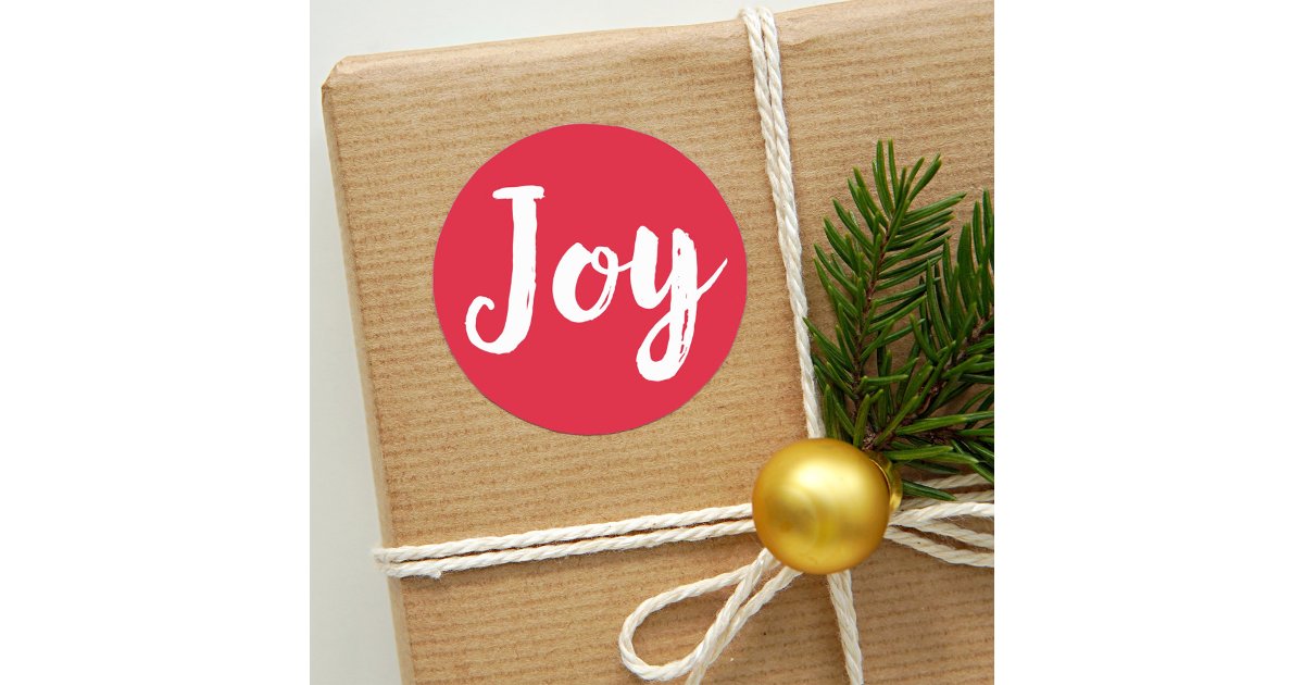 Joy Red Brushed Script Holiday Classic Round Sticker | Zazzle