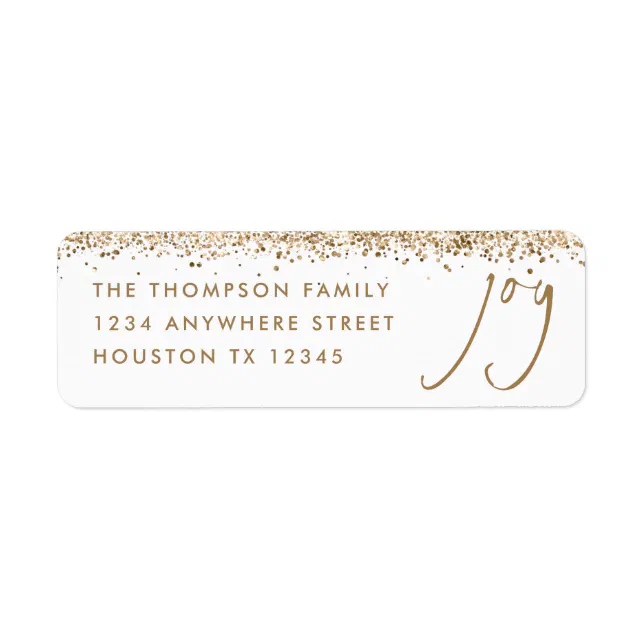 Joy Return Address Gold Glitter White Christmas Label | Zazzle