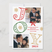 Joy script 2 photos snowflakes red green Christmas Holiday Card | Zazzle