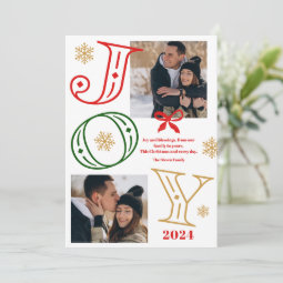 Joy script 2 photos snowflakes red green Christmas Holiday Card | Zazzle