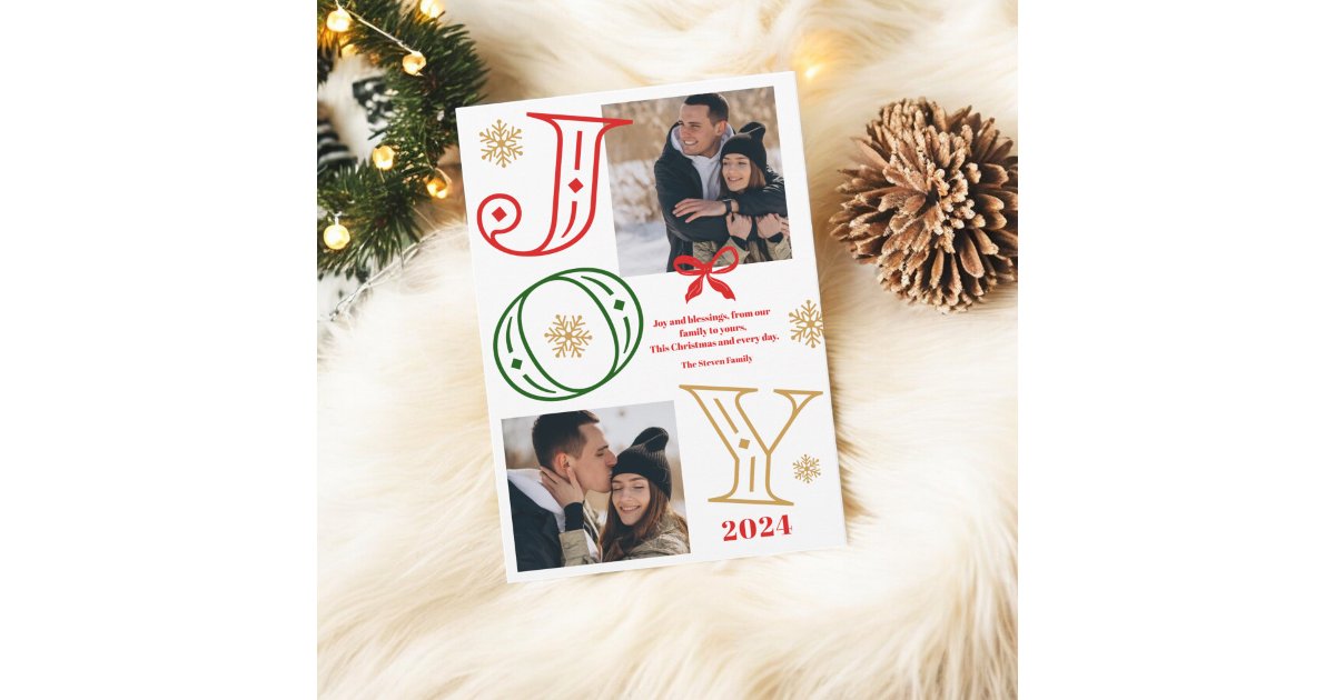 Joy script 2 photos snowflakes red green Christmas Holiday Card | Zazzle