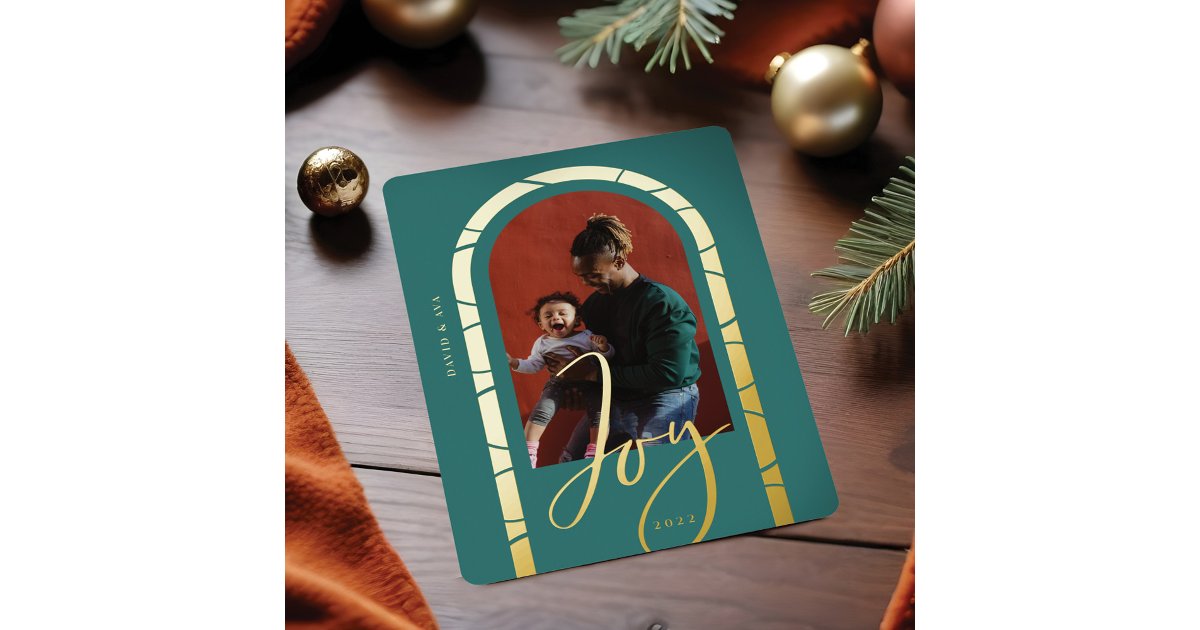 Joy Script Elegant Arch Photo Family Frame Foil Holiday Card | Zazzle