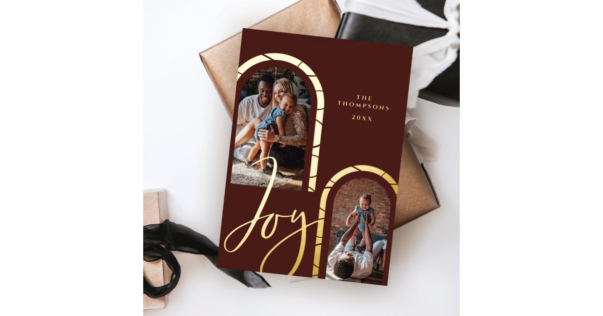 Joy Script Elegant Photo Family Modern Arches Foil Foil Holiday Card ...