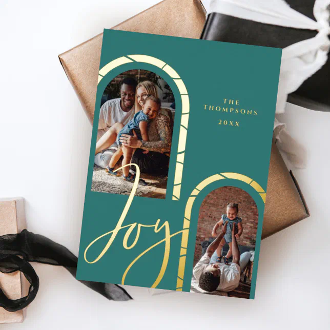 Joy Script Elegant Photo Family Modern Arches Foil Holiday Card | Zazzle