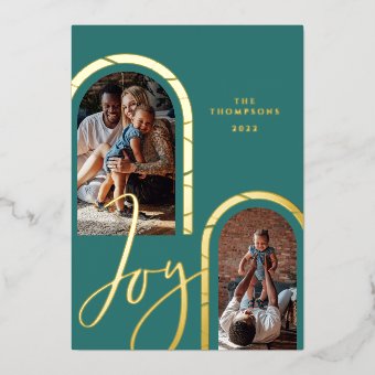 Joy Script Elegant Photo Family Modern Arches Foil Holiday Card | Zazzle