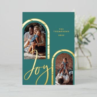 Joy Script Elegant Photo Family Modern Arches Foil Holiday Card | Zazzle