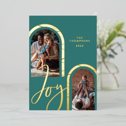 Joy Script Elegant Photo Family Modern Arches Foil Holiday Card | Zazzle