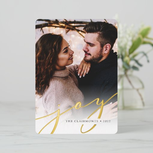 Joy Script | Elegant Vertical Christmas Foil Holiday Card | Zazzle