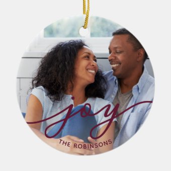 Joy Script | Family Name Double Sided Photo Ceramic Ornament | Zazzle